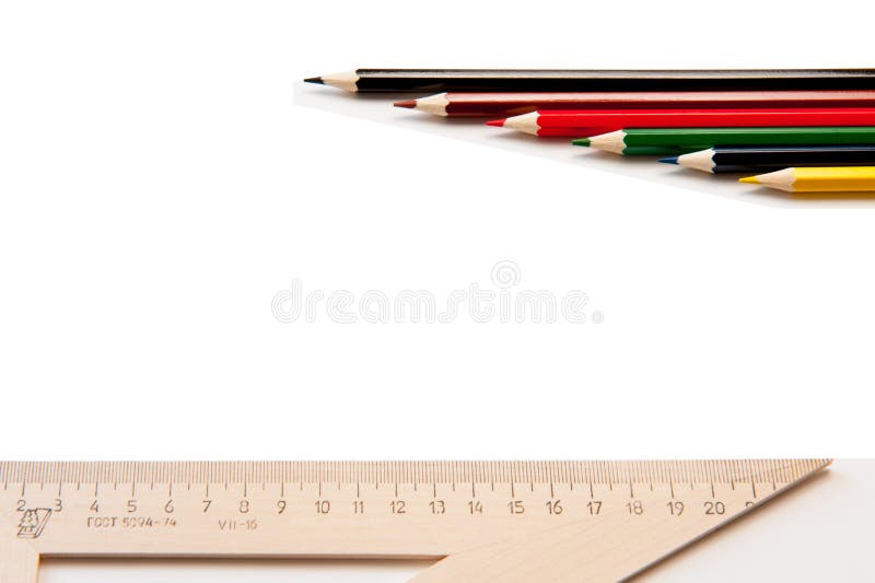 Colored Pencils and Wooden Ruler on White Background. Several Different ...