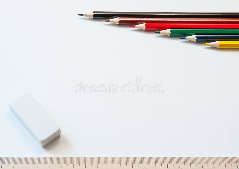 Colored Pencils and Wooden Ruler on White Background. Several Different ...