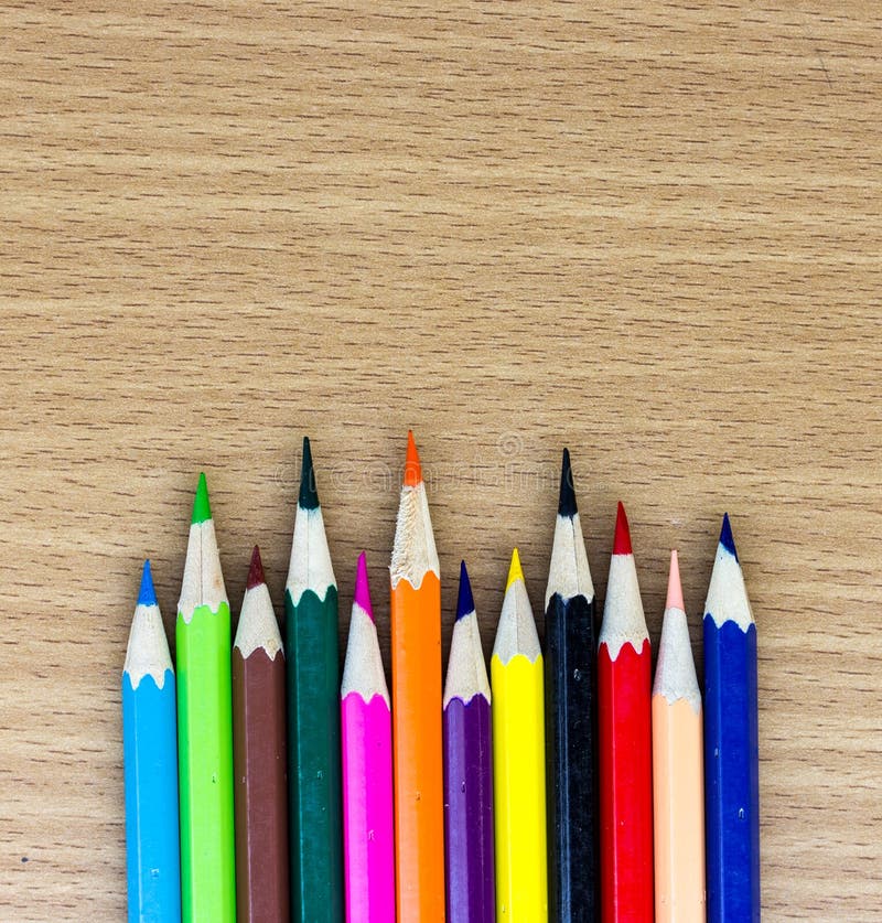 Colored Pencils on the Wooden Table Stock Image - Image of green ...