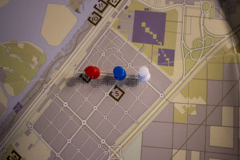 Colored pins on the map stock photo. Image of plan, white - 191915540