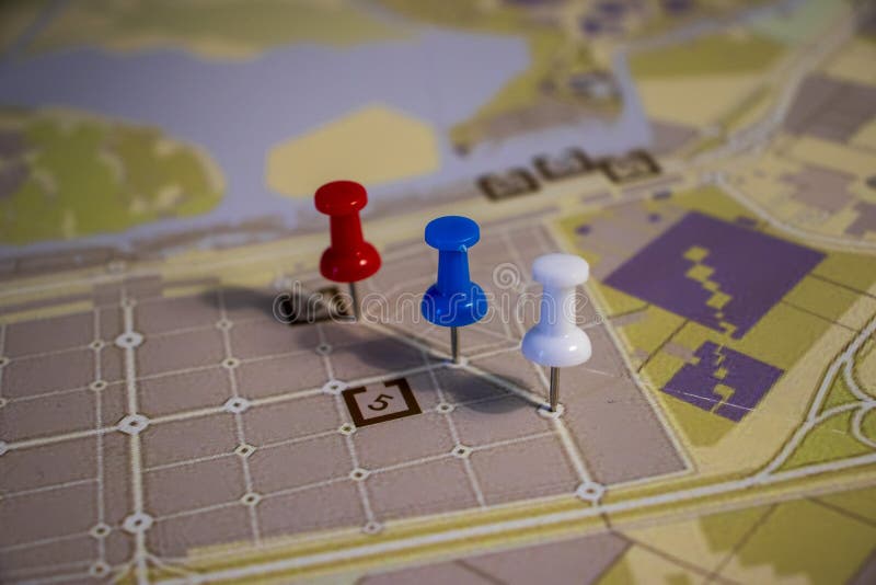 Colored pins on the map stock photo. Image of marking - 191915880