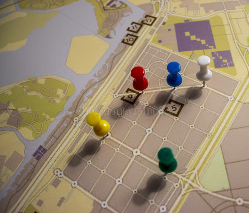 Colored pins on the map stock image. Image of plan, civil - 191917527