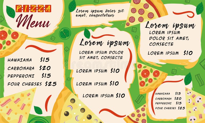 Colored Pizza Menu with Different Items Vector Stock Vector ...