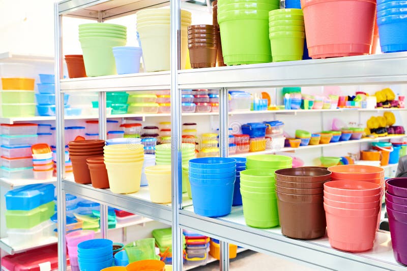 Colored Plastic Pots in Store Stock Image - Image of hobby, colored ...