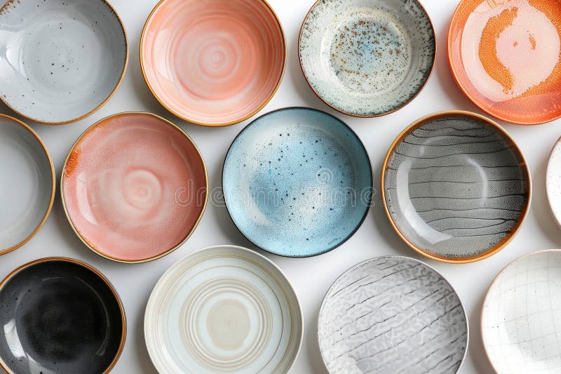 Colored Plates on the Table. View from Above. Handmade Ceramic Plates ...