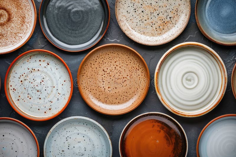 Colored Plates on the Table. View from Above. Handmade Ceramic Plates ...