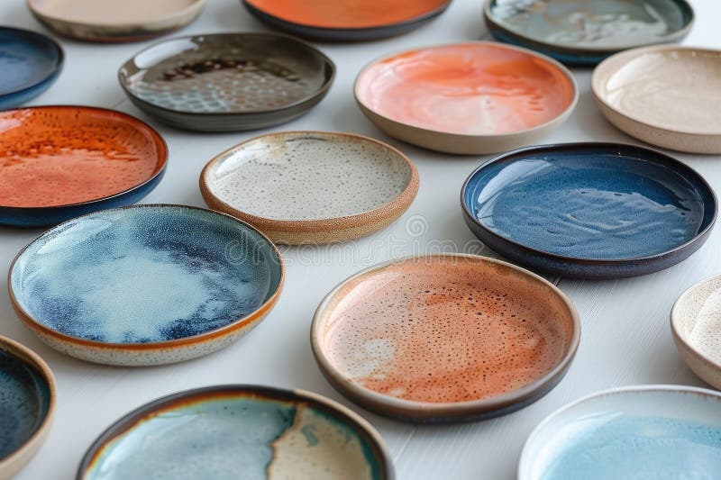 Colored Plates on the Table. View from Above. Handmade Ceramic Plates ...