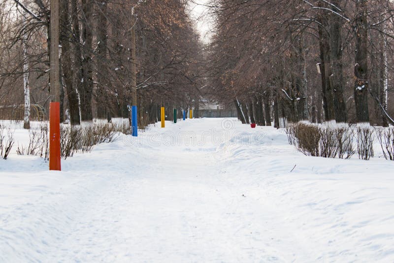 Colored Poles and a Path in the Park in Winter Stock Image - Image of ...
