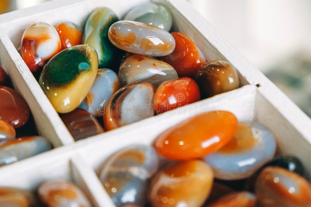 Colored Polished Agate in Wooden White Boxes. Top View Stock Photo ...