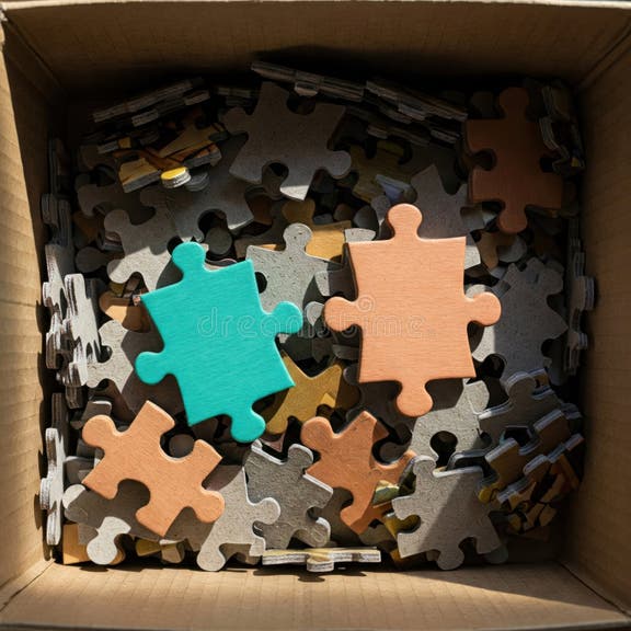 Colored Puzzle Pieces in a Cardboard Box on Top. Stock Image - Image of ...