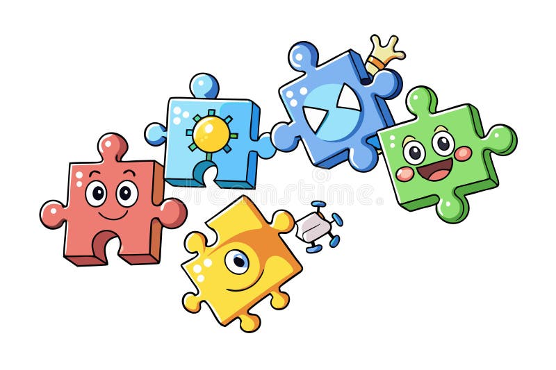 Colored Puzzle Pieces, Each with Unique Expressions and Icons ...