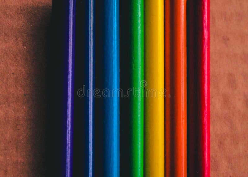 Colored Retro Rainbow Columns of Pencils on a Brown Corrugated Box ...