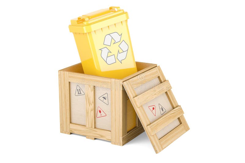 Colored Recycling Trash Cans Inside Wooden Box, Delivery Concept. 3D ...