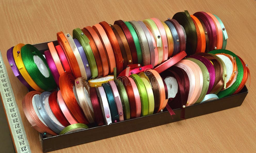 Colored Ribbons for Needlework in the Box Stock Photo - Image of sewing ...