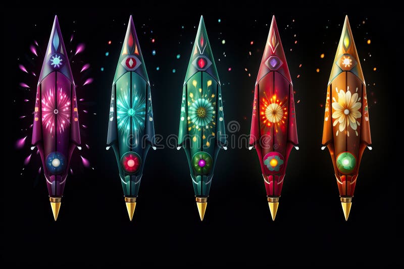 Colored Rockets for Launching Fireworks. a Set of Pyrotechnic Rockets ...