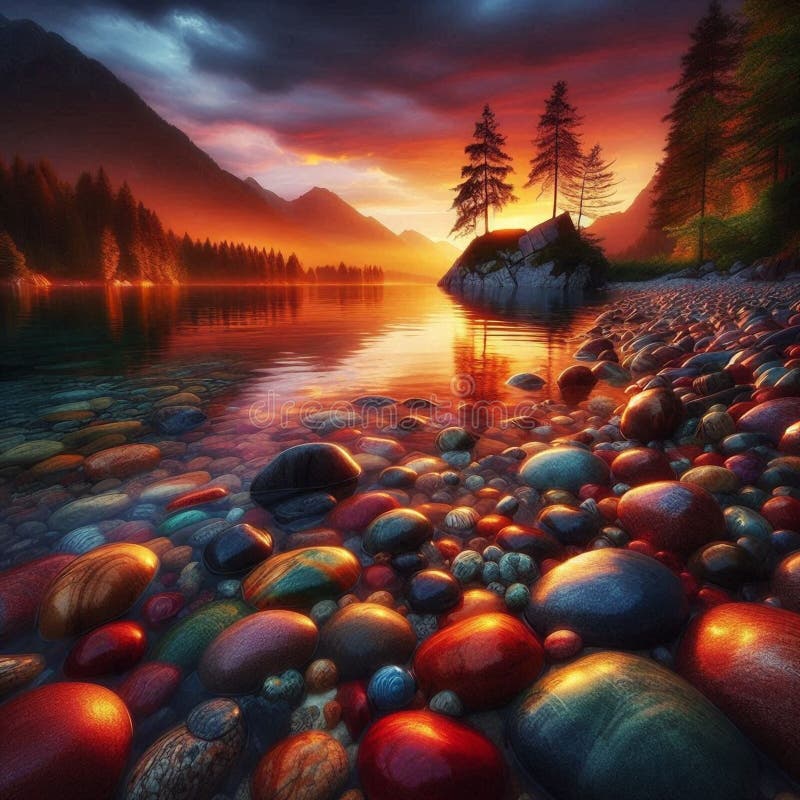 The Colored Rocks,rippling Lake,trees,sunset,gentle Wind Blown Ripples ...