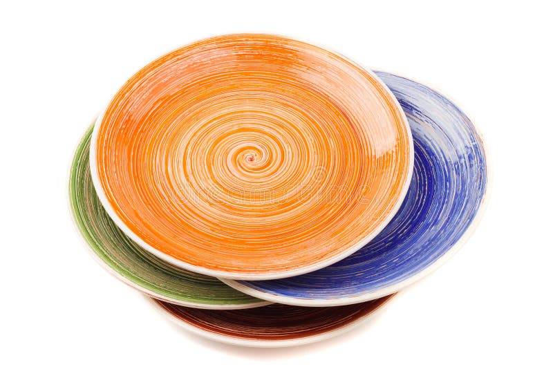 Colored Round Ceramic Plates with Spiral Pattern, Isolated on White ...