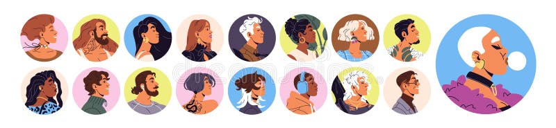 Colored Round Shape Avatars Set. Side View Portraits of Different ...