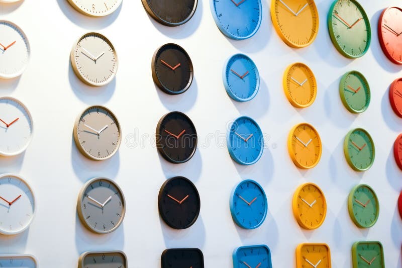 Colored Rows of Round Clocks Black Blue Yellow Green Red on a White ...