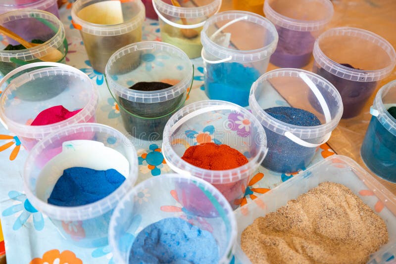 Colored Sand in Plastic Containers, Perfect for Art and Crafts Stock ...