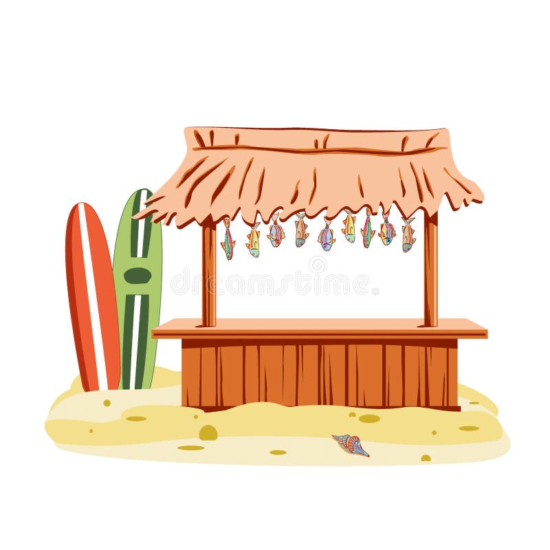 Colored Sea Composition with Beach Bar, Sand, Seashell, Surfboard ...