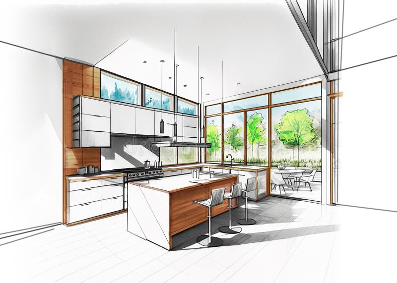 Colored Sketch Drawing of a Modern Modern Kitchen, Architectural Design ...