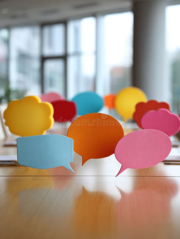 Colorful Speech Bubbles Floating Above a Conference Table during a ...