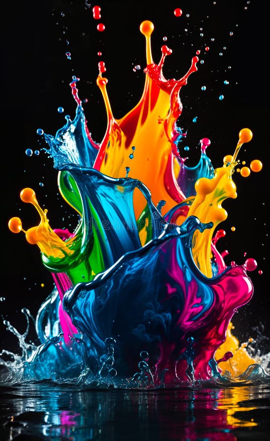 Colored Splashes and Drops of Liquid Paint Fall and Fly in the Air with ...