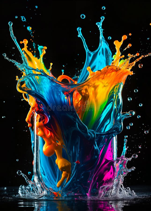 Colored Splashes and Drops of Liquid Paint Fall and Fly in the Air with ...