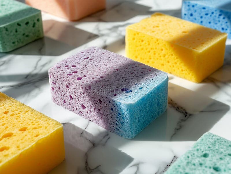 Colored Sponges on White Marble Table Stock Illustration - Illustration ...