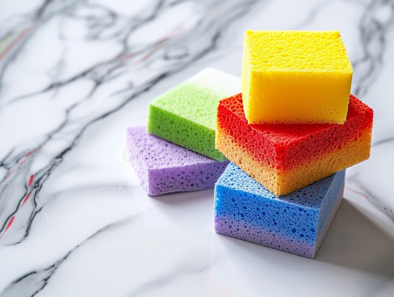 Colored Sponges on White Marble Table Stock Illustration - Illustration ...