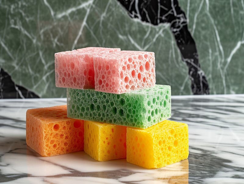 Colored Sponges on White Marble Table Stock Illustration - Illustration ...