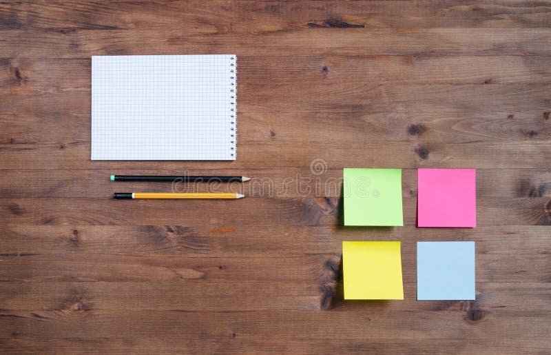 Colored Stickers, Notebook and Pencil on Table. Stock Image - Image of ...