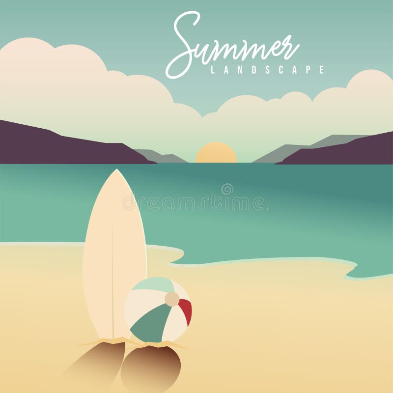 Colored Sunset Scenary View with a Surfboard and Beach Ball Vector ...