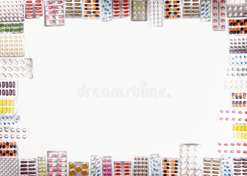 Colored Tablets and Capsules in Packages. View from Above. Frame Stock ...