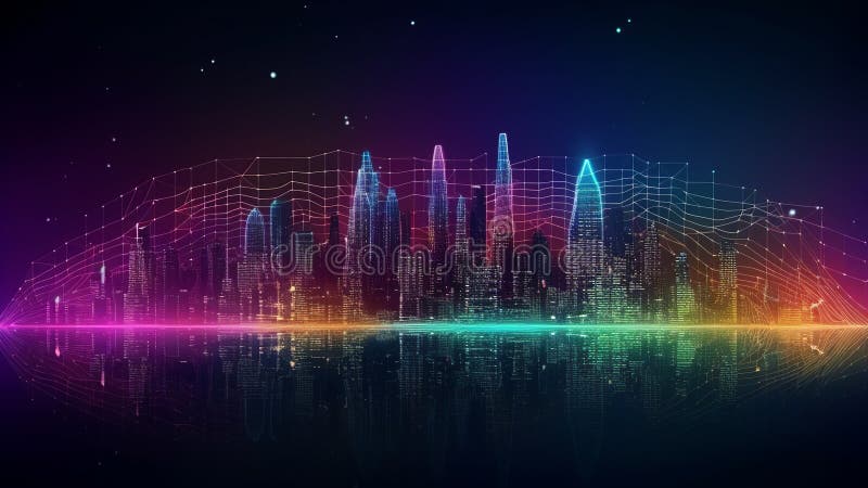 Colored Technology Grid Illuminates Night City, Interconnected ...