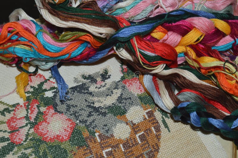 Colored Thread and Unfinished Embroidery Stock Photo - Image of pompom ...