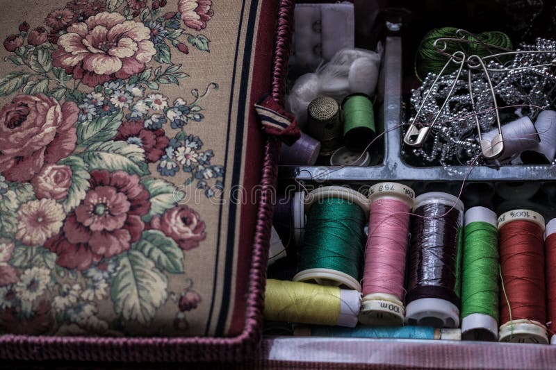 Colored Threads and Various Accessories for Sewing Inside a Sewing Box ...