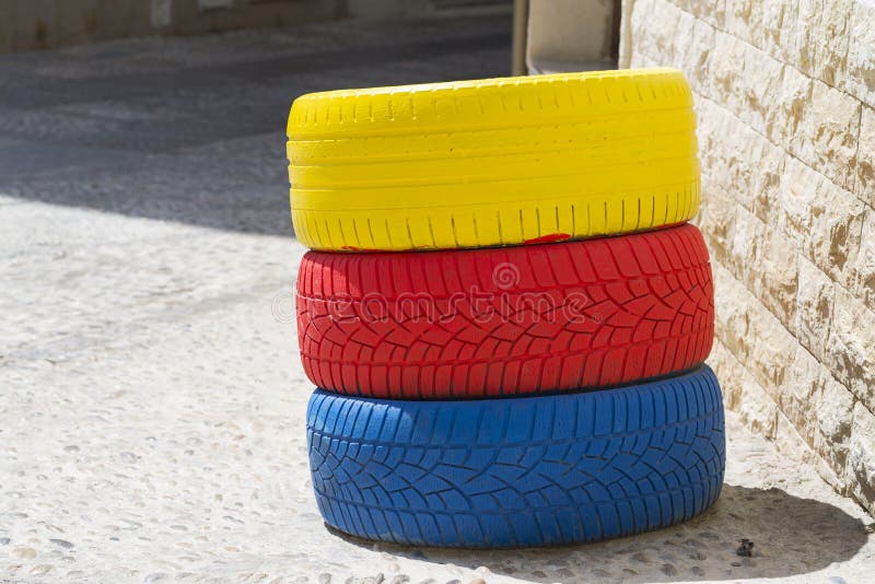 Colored Tires As a Decoration Stock Image - Image of recycling, cell ...