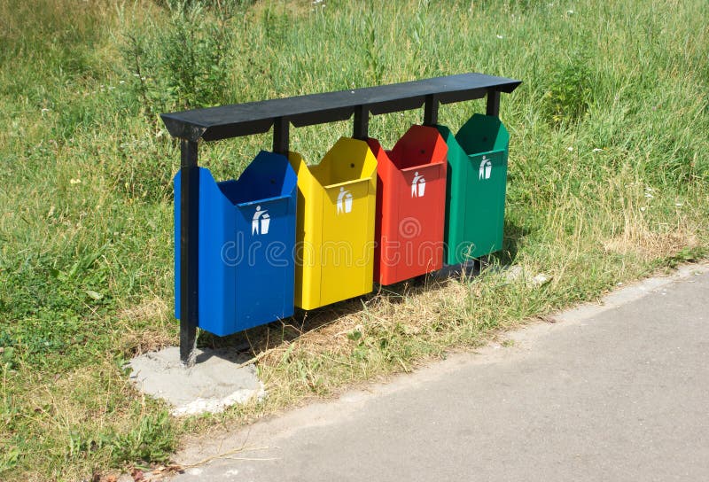 Colored Trash Containers in a Park Stock Image - Image of park ...