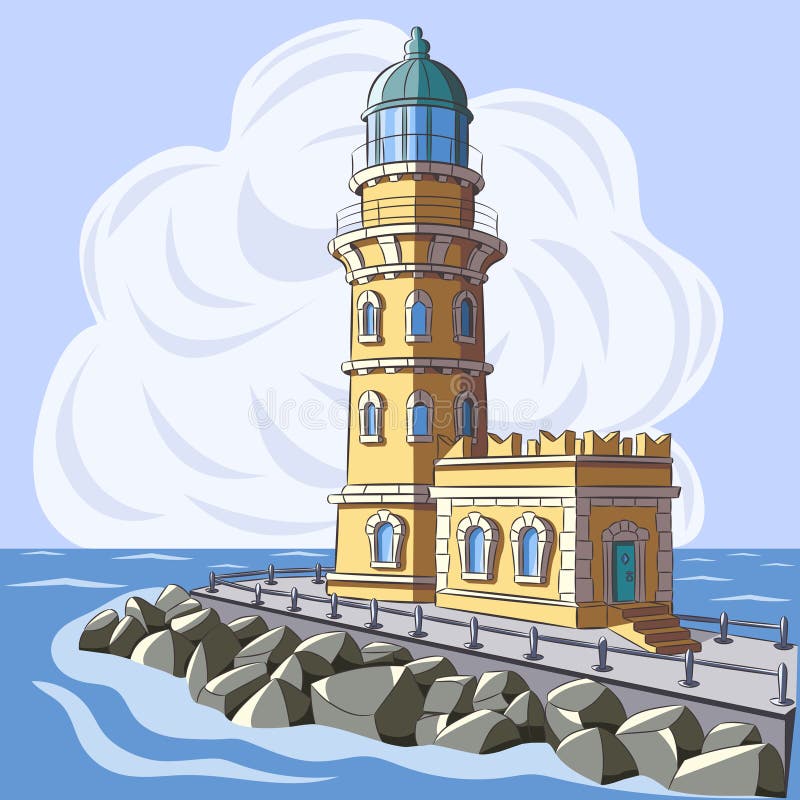 Colored Vector Illustration of Coastal Stone Lighthouse Stock ...