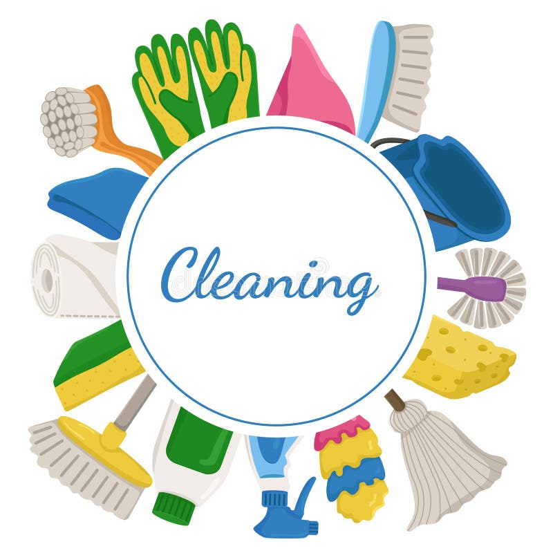 Colored Vector Postcard with Cleaning Items with Text. Logo or Icon ...