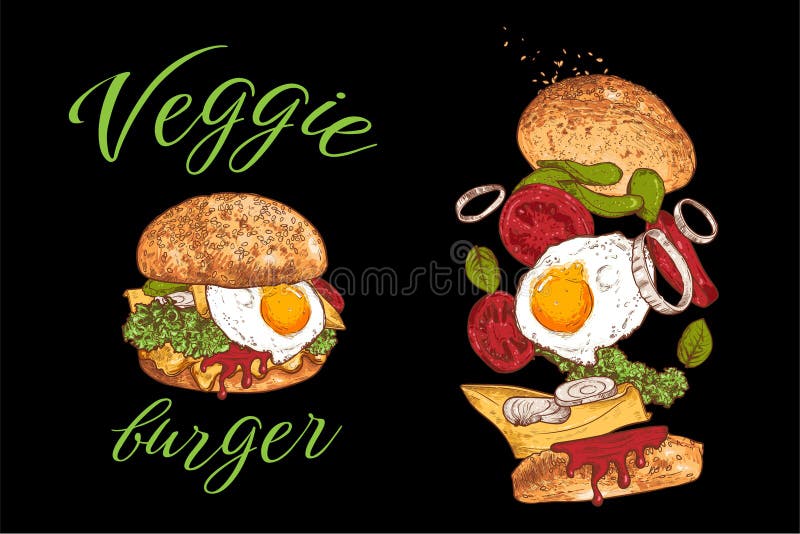 Hand Drawn Colored Vector Veggie Burger Stock Illustration ...