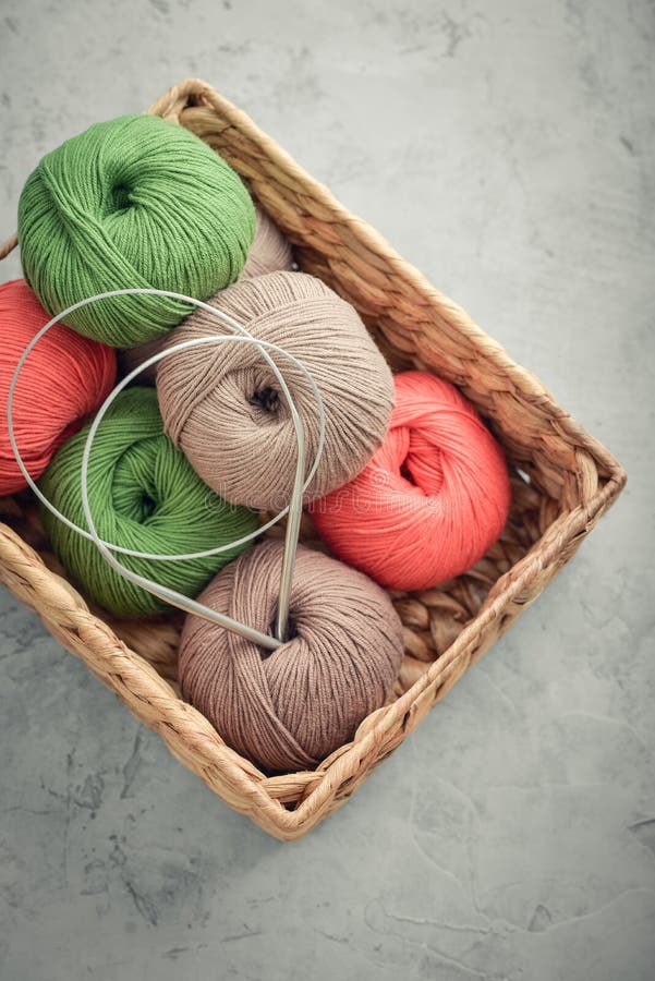 Colored Yarn Balls in Rustic Wicker Basket Stock Image - Image of ...