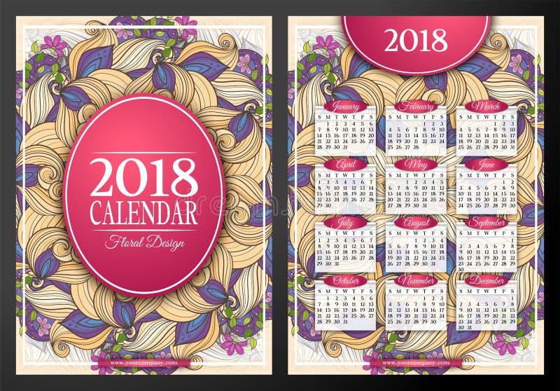 Colored 2018 Year Calendar Rectangular Template, Double-sided Stock ...