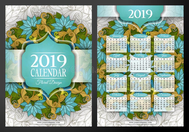Colored 2019 Year Calendar Rectangular Template, Double-sided Stock ...