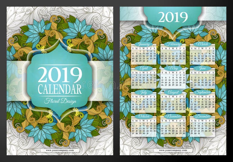 Colored 2019 Year Calendar Rectangular Template, Double-sided Stock ...