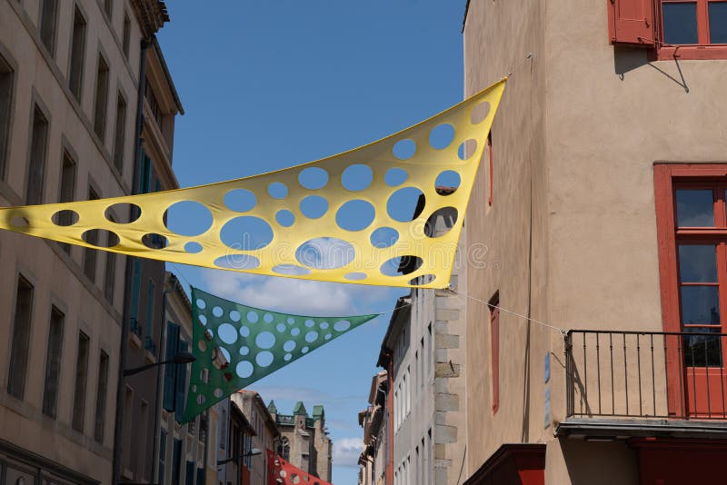 Colored Yellow Sail Stretched in Old Town Stock Image - Image of canvas ...