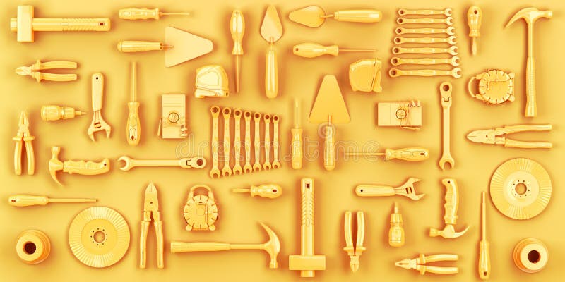 Colored Yellow Tools Set Background Concept of Repair Tools Warehouse ...