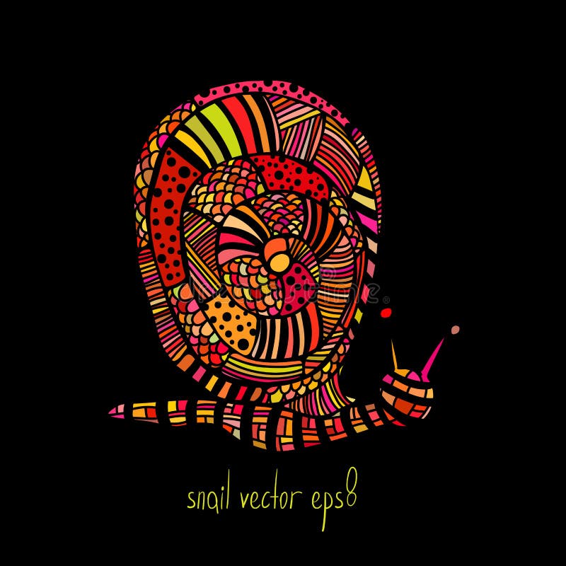 Colored Zentangle Snail on Black Background Stock Illustration ...